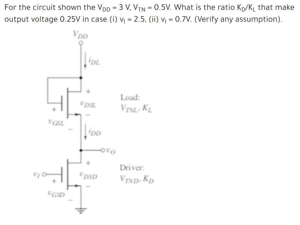 Solved For the circuit shown the VDD = 3 V, VTN = 0.5V. What | Chegg.com