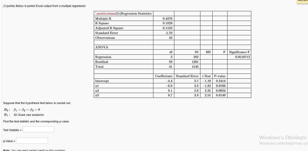 Solved (3 points) Below is partial Excel output from a | Chegg.com
