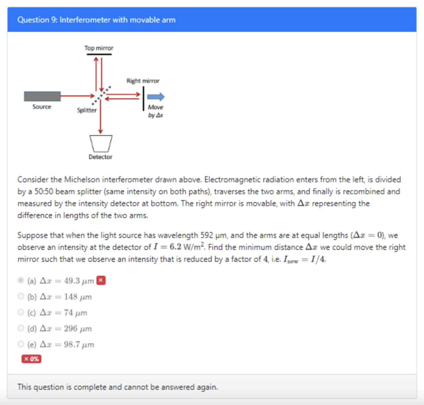 Solved Question 9: Interferometer with movable armConsider | Chegg.com