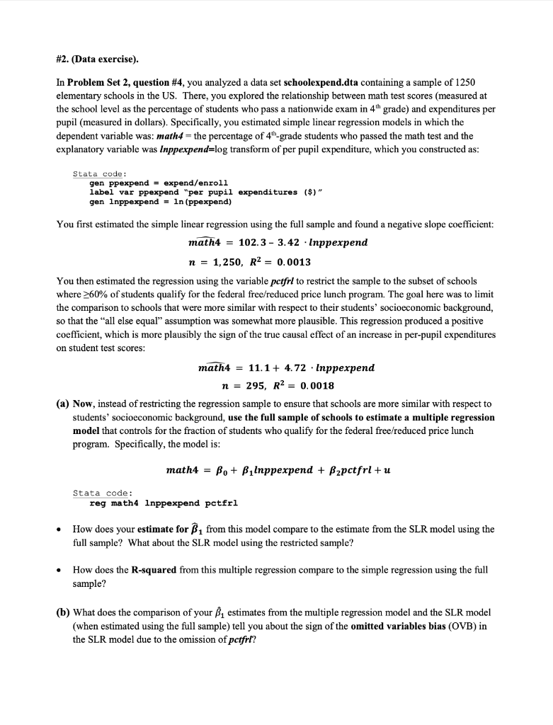 #2. (Data exercise). In Problem Set 2, question #4, | Chegg.com