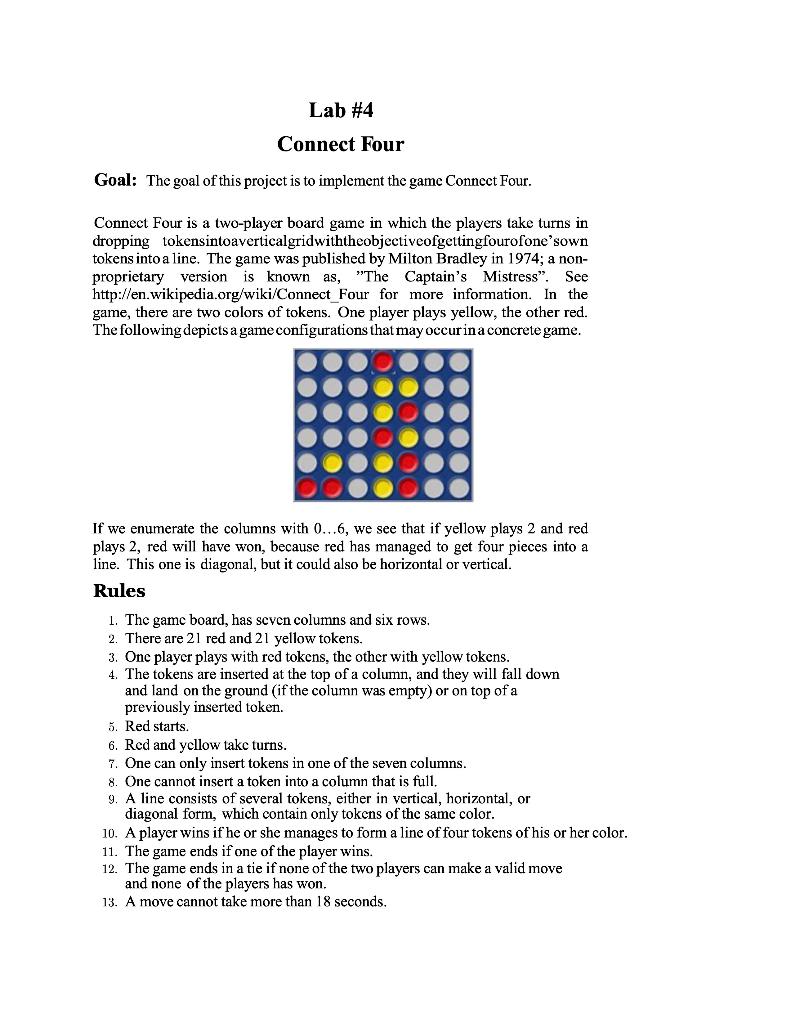 Solved Lab #4 Connect Four Goal: The goal of this project is | Chegg.com