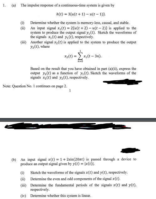 Solved 1. (a) The impulse response of a continuous-time | Chegg.com