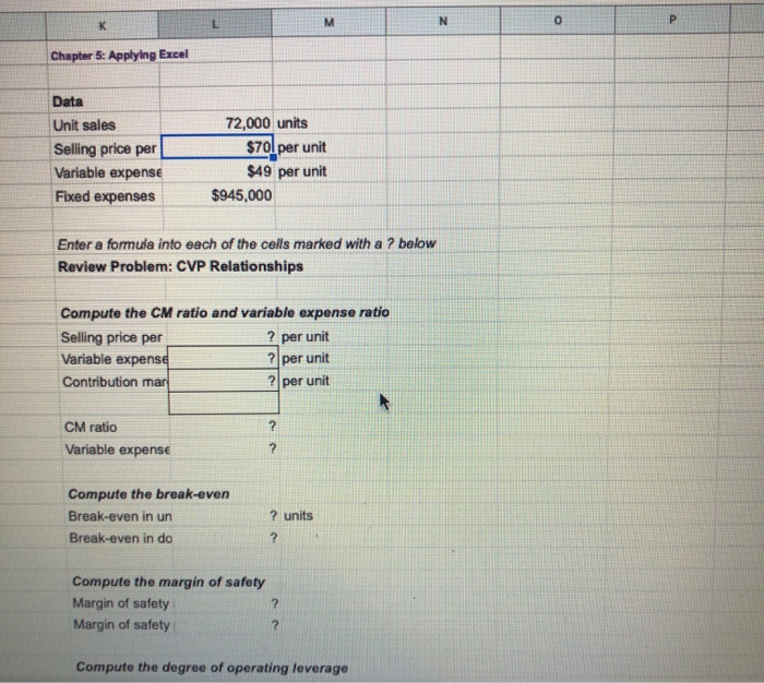 Solved P K Chapter 5: Applying Excel Data 72,000 units $70 | Chegg.com