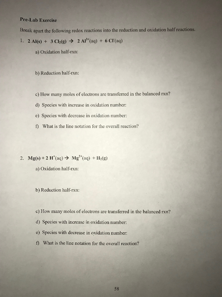 Solved Pre-Lab Exercise Break apart the following redox | Chegg.com