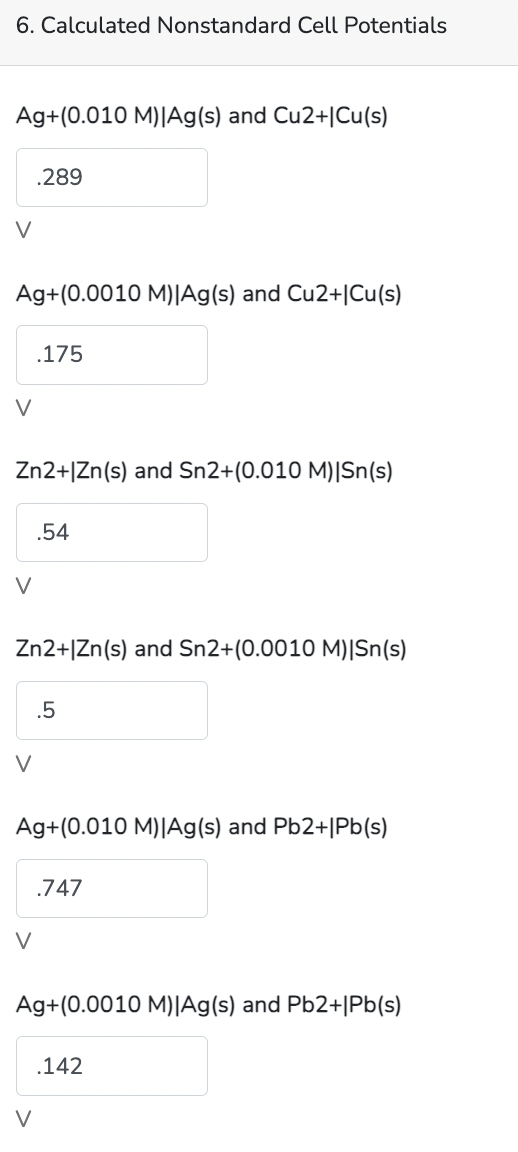 Solved 6. Calculated Nonstandard Cell Potentials | Chegg.com