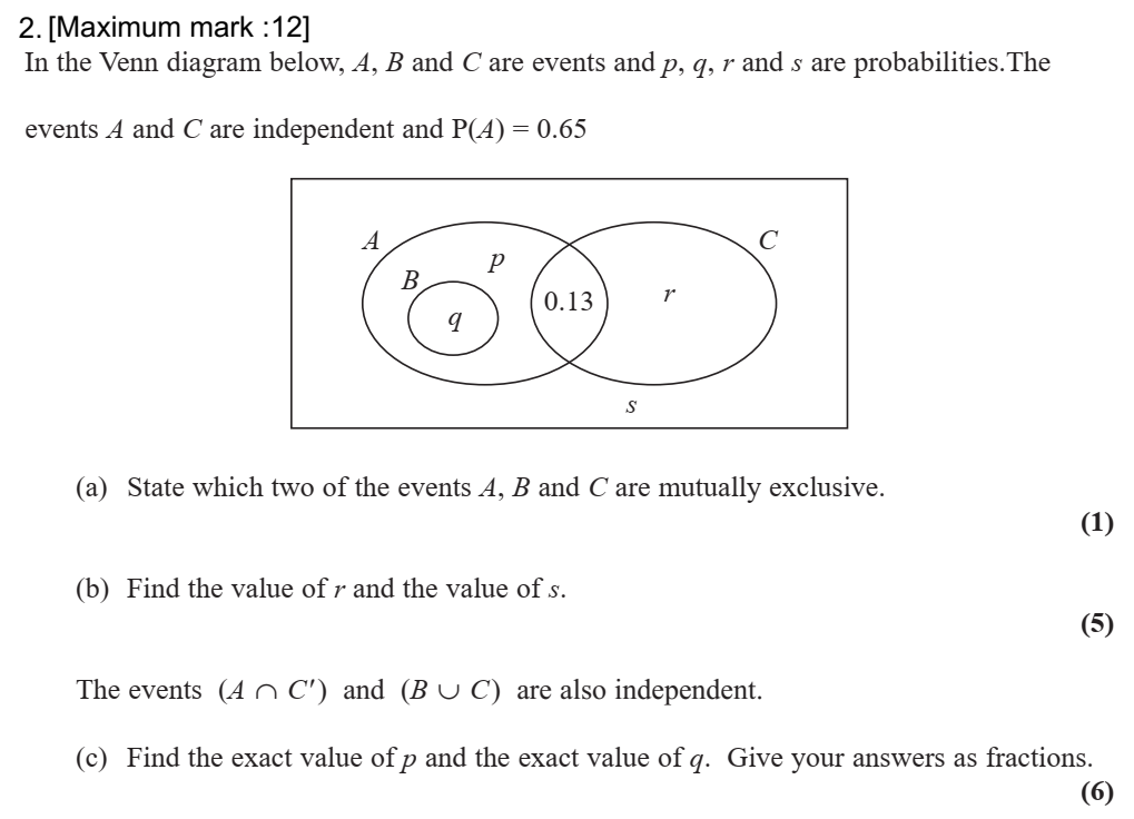Solved In the Venn diagram below, A, B and C are events and | Chegg.com