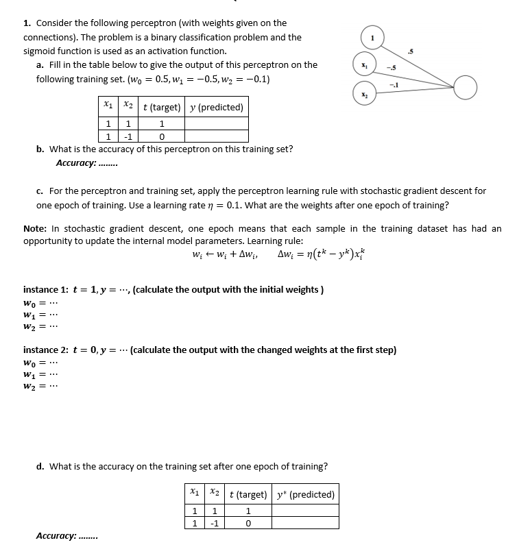 Solved 1. Consider the following perceptron (with weights | Chegg.com