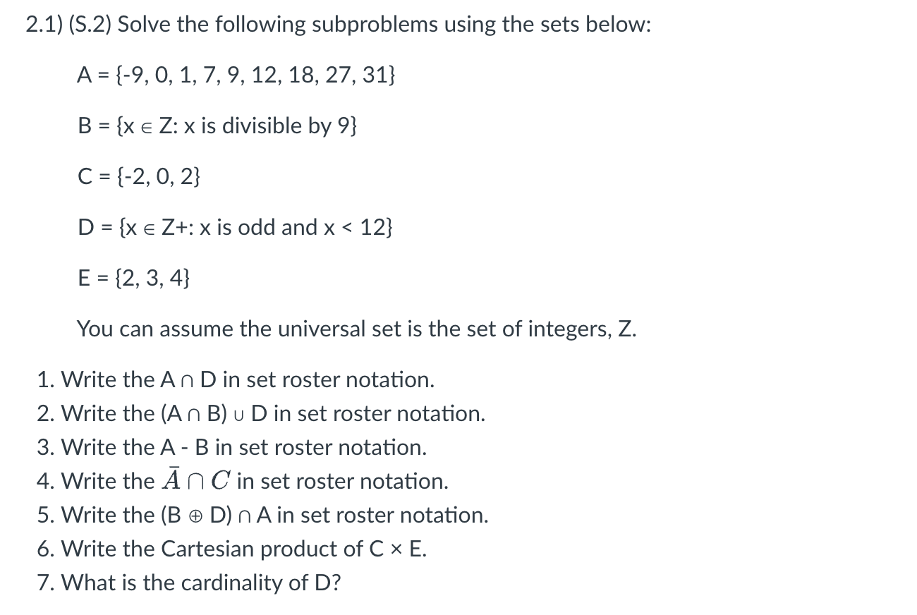 Solved 2.1) (S.2) Solve the following subproblems using the | Chegg.com
