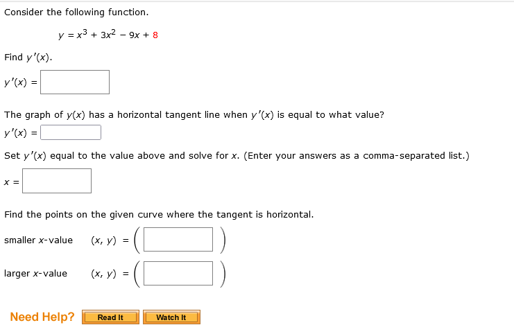 Solved Consider the following function.y=x3+3x2-9x+8Find | Chegg.com