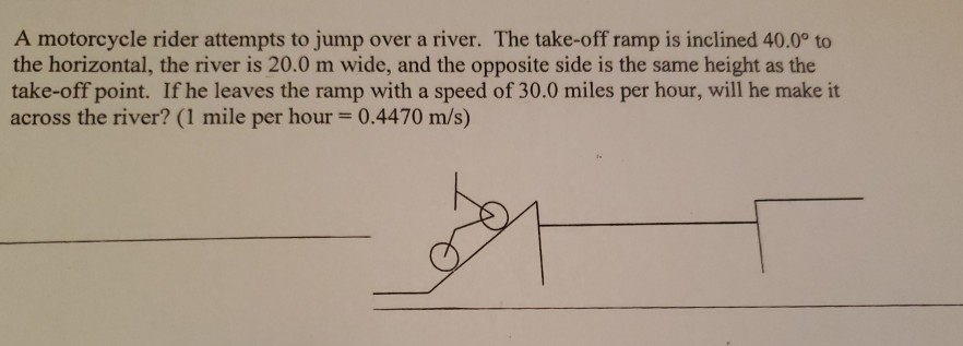 Solved A motorcycle rider attempts to jump over a river. The | Chegg.com