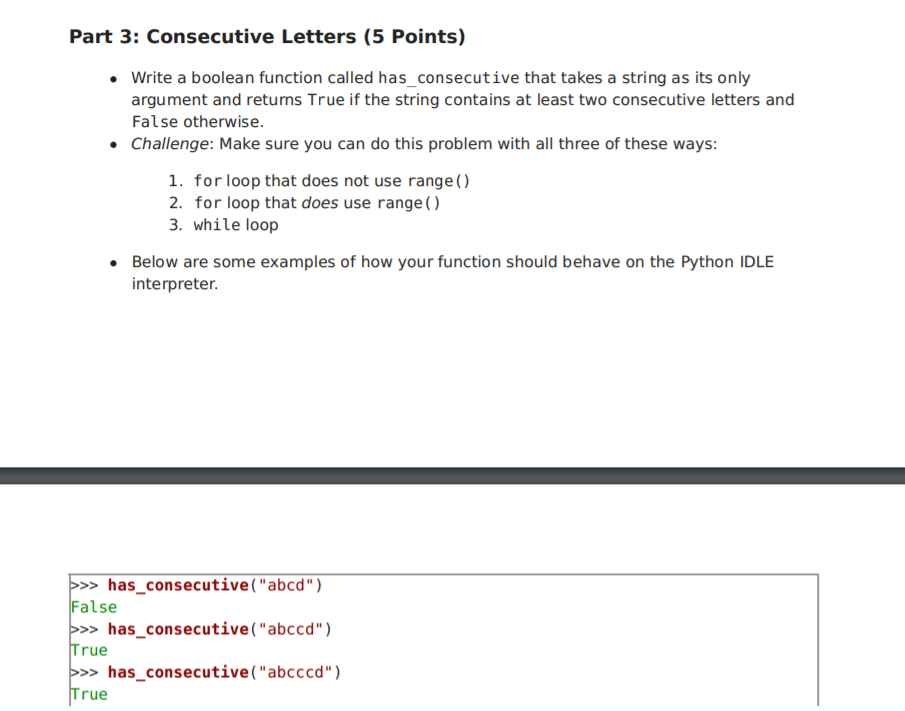 Solved Part 3: Consecutive Letters (5 Points) • Write a | Chegg.com