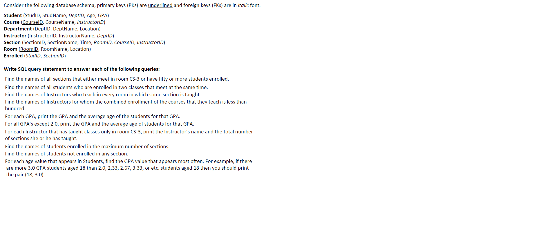Solved Consider the following database schema, primary keys | Chegg.com