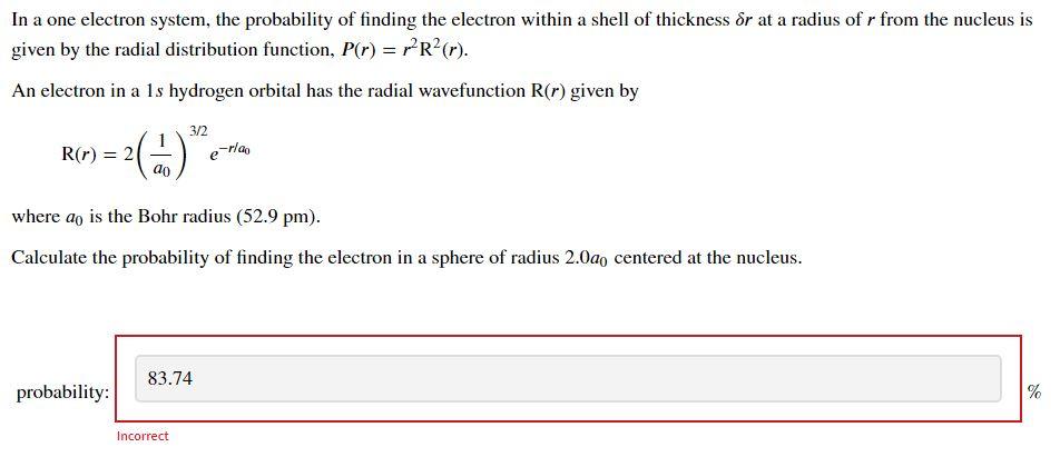Solved In a one electron system, the probability of finding | Chegg.com