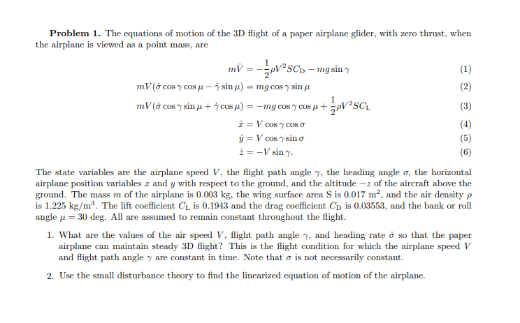 Problem 1. The equations of motion of the 3D flight | Chegg.com