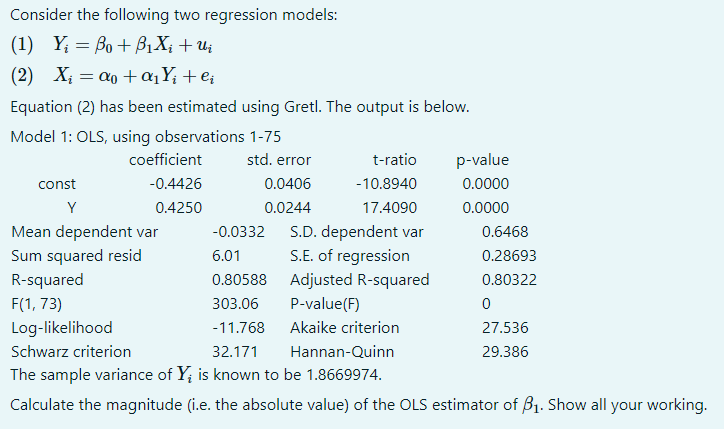 Solved Consider the following two regression models: (1) Y = | Chegg.com