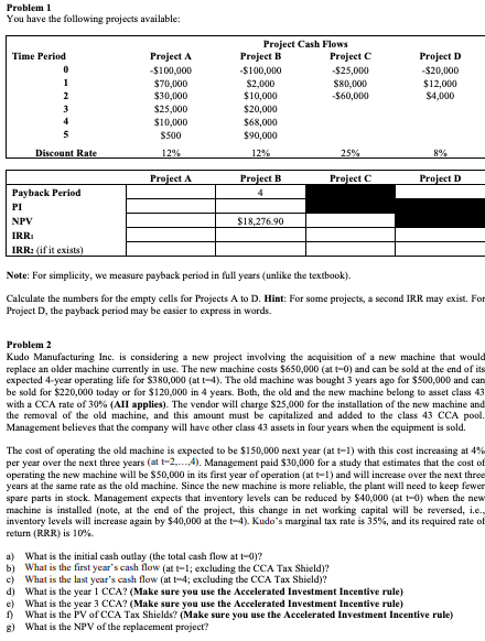 Solved Problem 1 You have the following projects available: | Chegg.com
