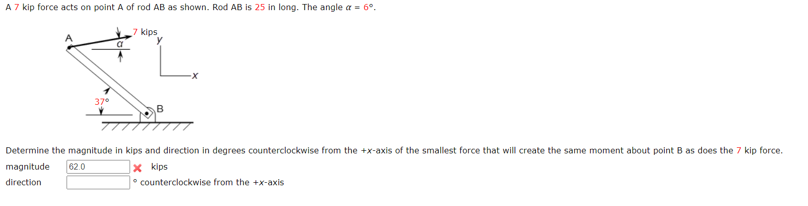 Solved A 7 kip force acts on point A of rod AB as shown. Rod | Chegg.com