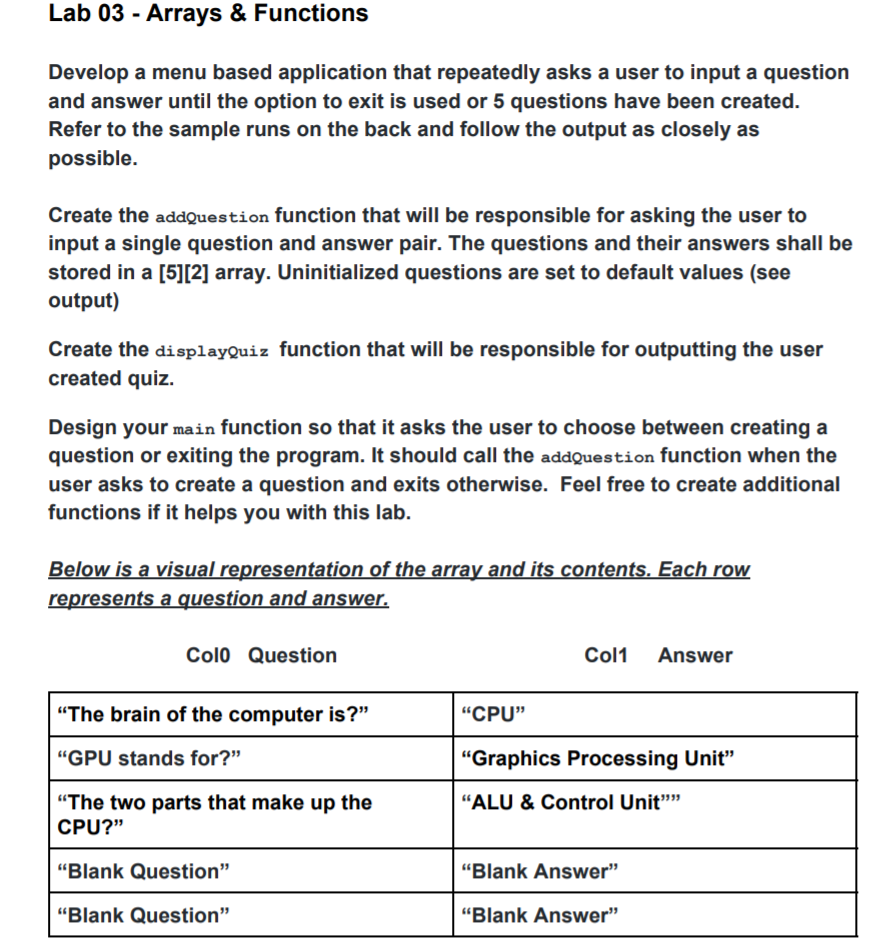 Solved Lab 03 - Arrays & Functions Develop a menu based | Chegg.com