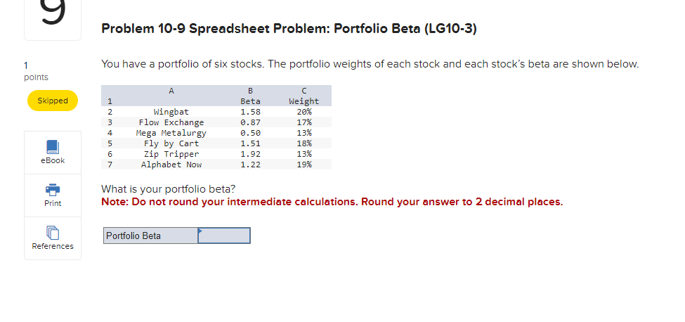 Solved Problem 10-9 Spreadsheet Problem: Portfolio Beta | Chegg.com