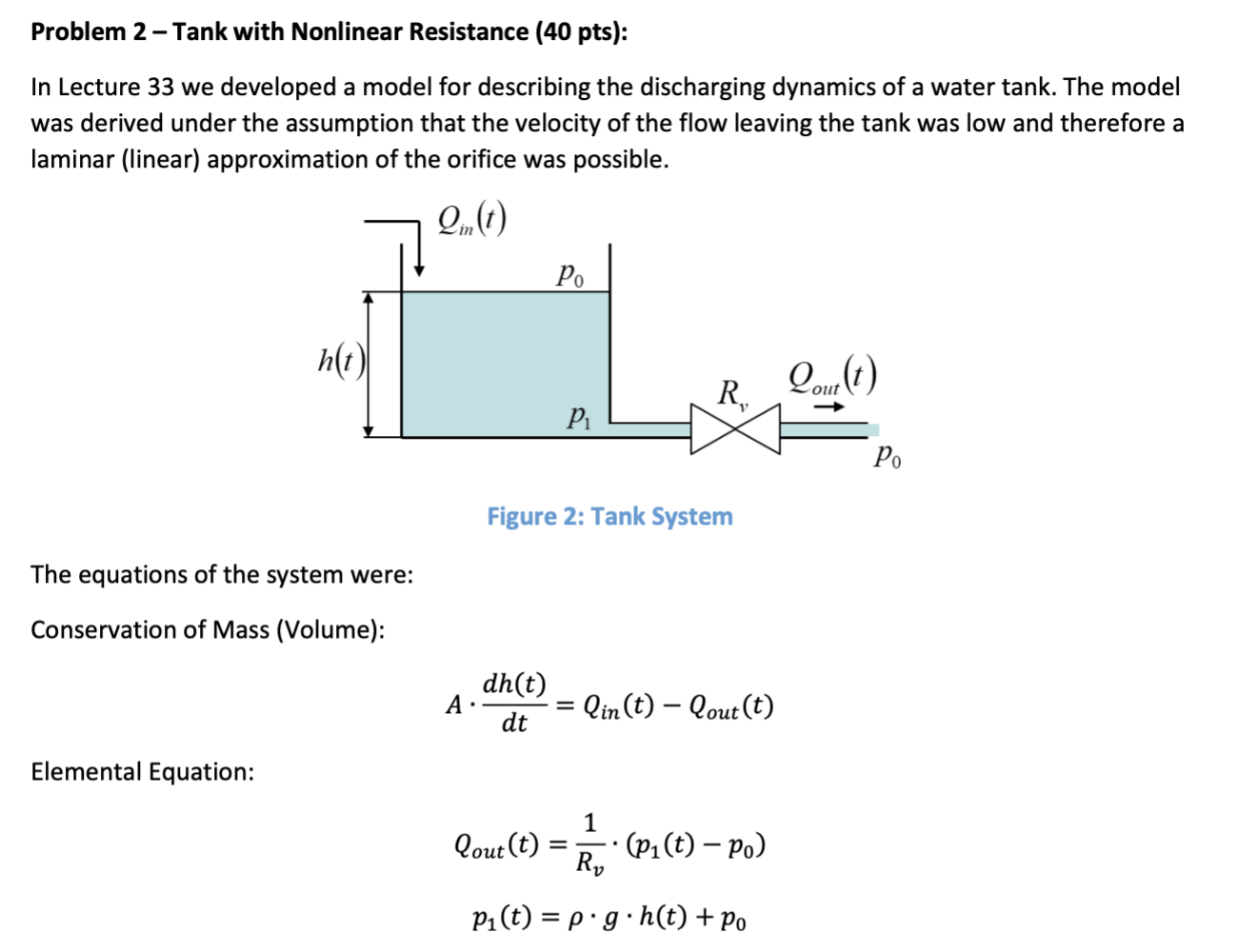 Problem 2 - Tank with Nonlinear Resistance (40 pts): | Chegg.com