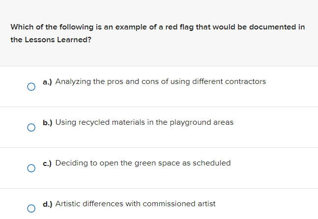 Solved Which of the following is an example of a red flag | Chegg.com