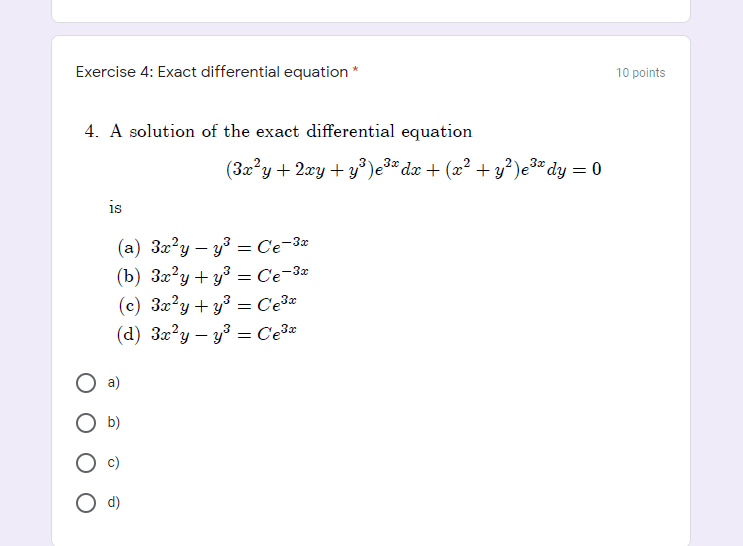 Solved Exercise 4: Exact differential equation* 10 points 4. | Chegg.com