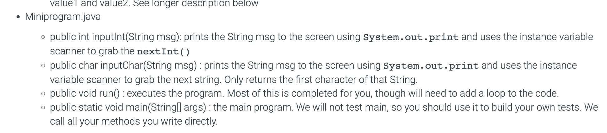 Solved - Miniprogram.java - public int inputInt(String msg): | Chegg.com