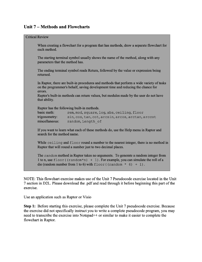 Unit 7 - Methods and Flowcharts Critical Review When | Chegg.com