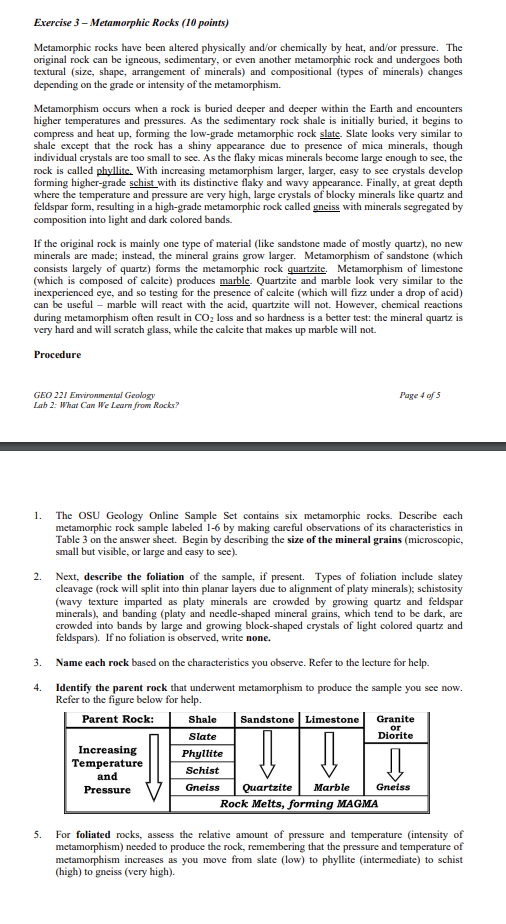 Solved Exercise 3-Metamorphic Rocks (10 points) Metamorphic | Chegg.com