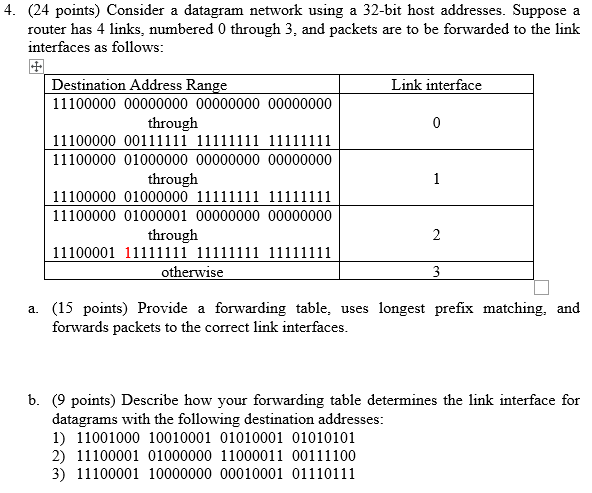 Solved 4. (24 points) Consider a datagram network using a | Chegg.com
