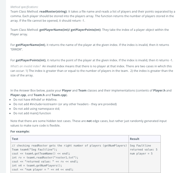 Solved Question 2[25pt): Team Class Create Team.h and | Chegg.com