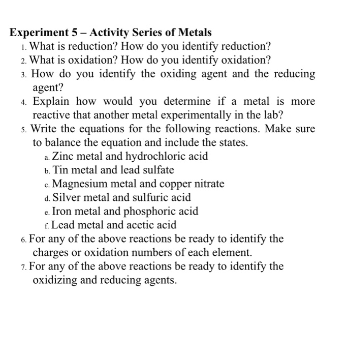 Solved Experiment 5 - Activity Series of Metal:s . What is | Chegg.com