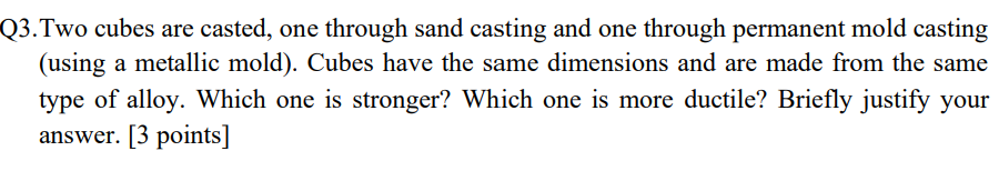 Solved 23. Two cubes are casted, one through sand casting | Chegg.com