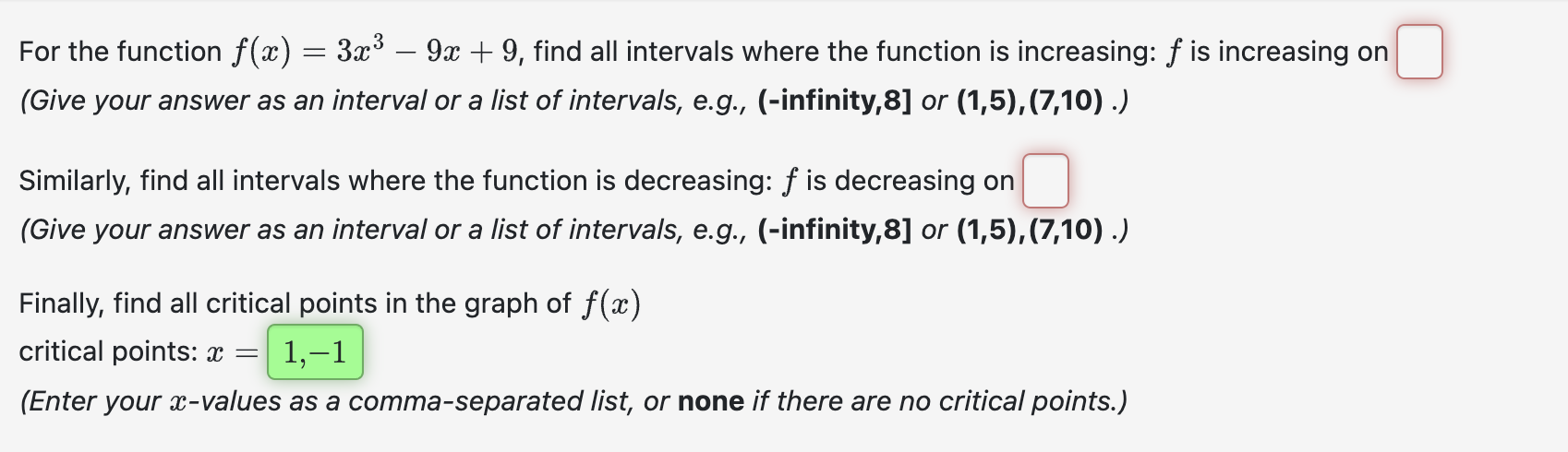 Solved For the function f(x)=3x3-9x+9, ﻿find all intervals | Chegg.com