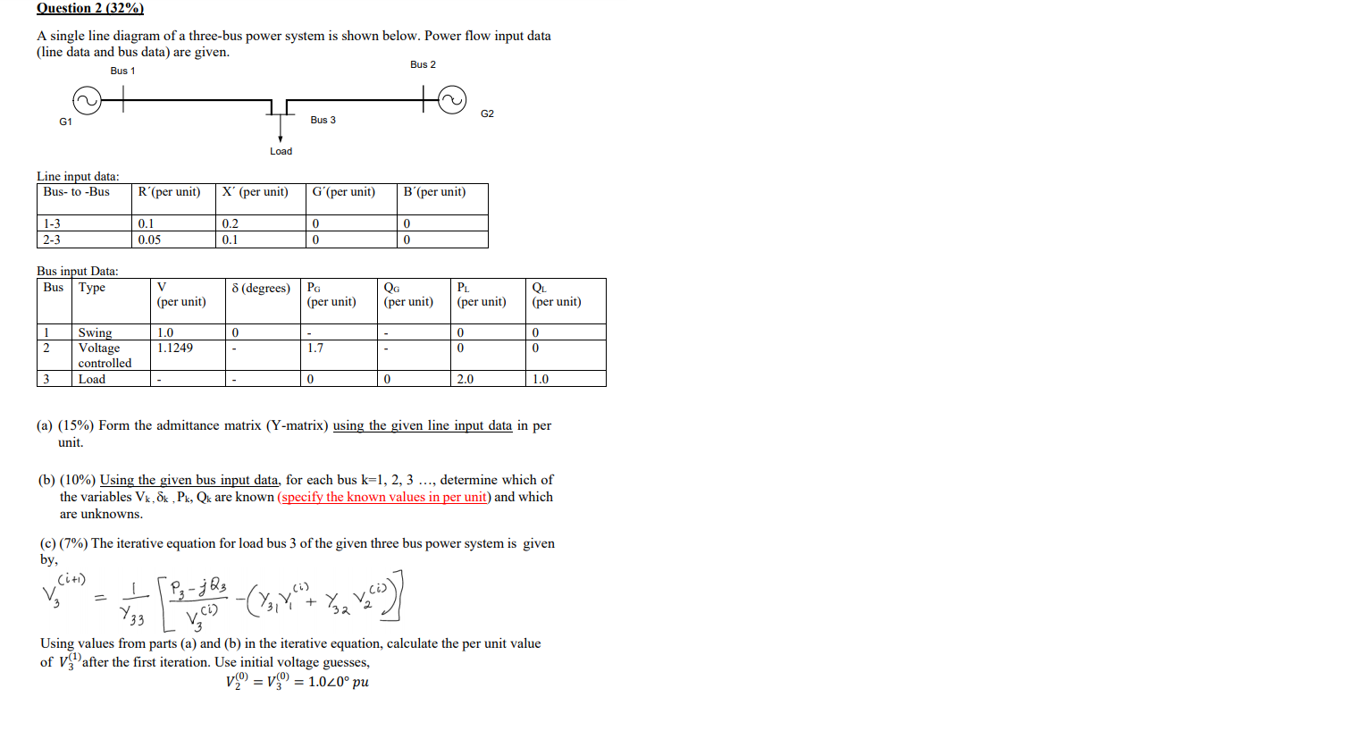 Solved Question 2 (32%) A single line diagram of a three-bus | Chegg.com