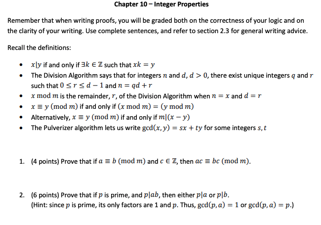 Solved Chapter 10 - Integer Properties Remember that when | Chegg.com