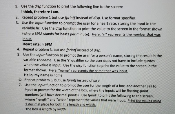 Solved 1. Use the disp function to print the following line | Chegg.com