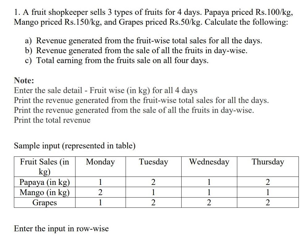 Solved 1. A fruit shopkeeper sells 3 types of fruits for 4 | Chegg.com