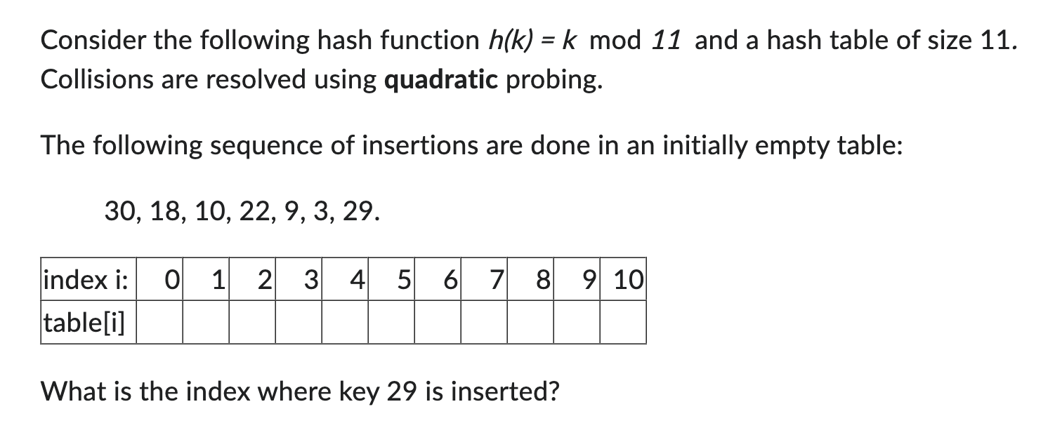 Solved Consider the following hash function h(k)=kmod11 and | Chegg.com