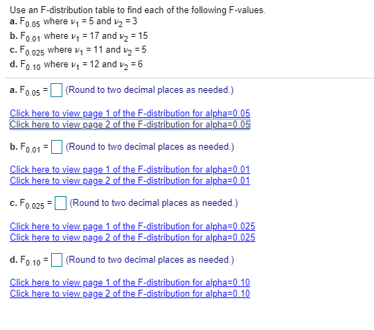 Solved Use an F-distribution table to find each of the | Chegg.com
