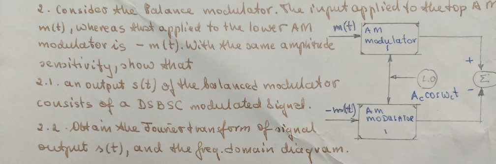 Solved 2. Consides the balance modulator. The input applied | Chegg.com