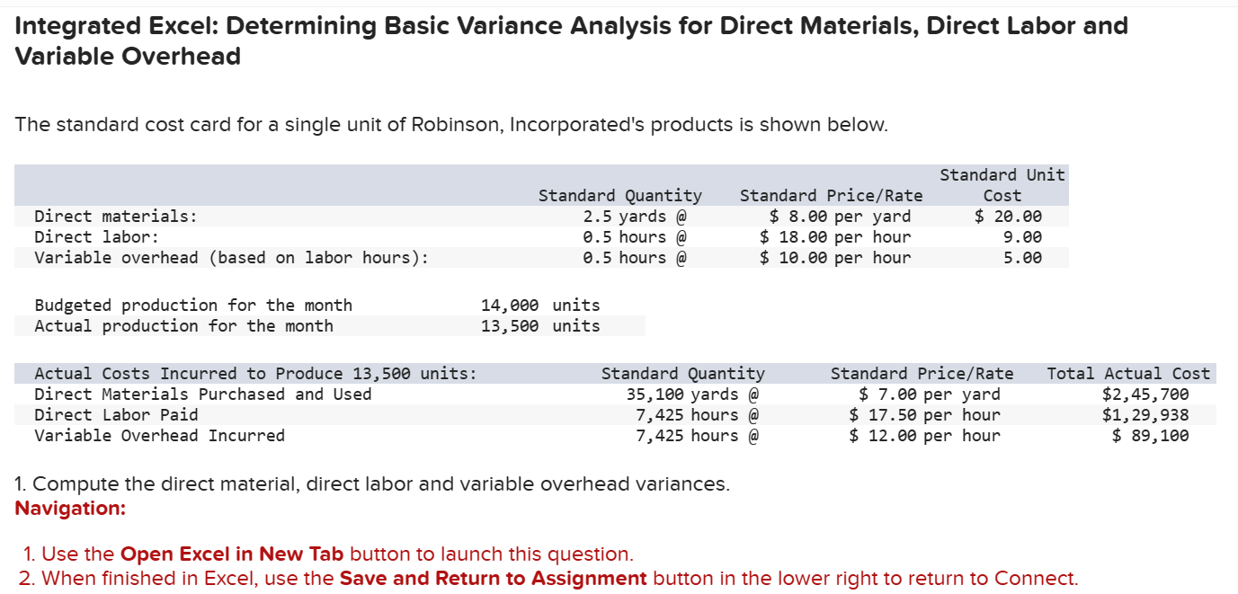 Solved Integrated Excel: Determining Basic Variance Analysis | Chegg.com