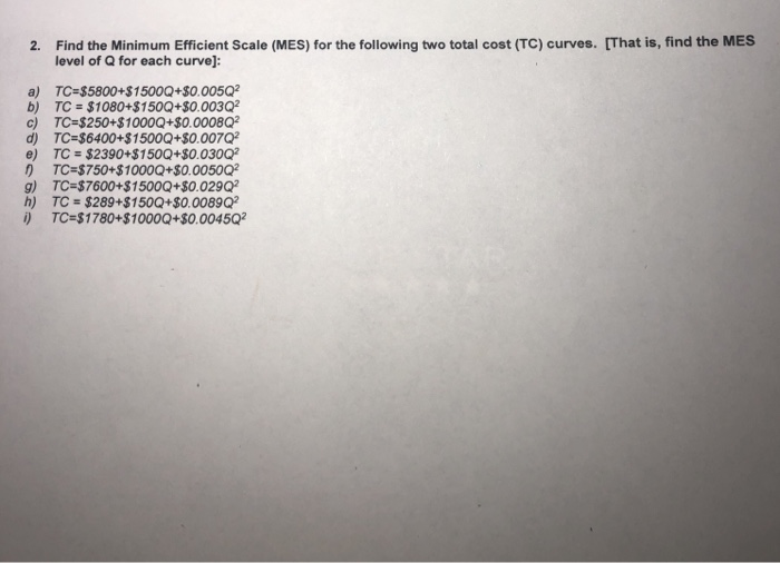 Solved 2. Find the Minimum Efficient Scale (MES) for the | Chegg.com