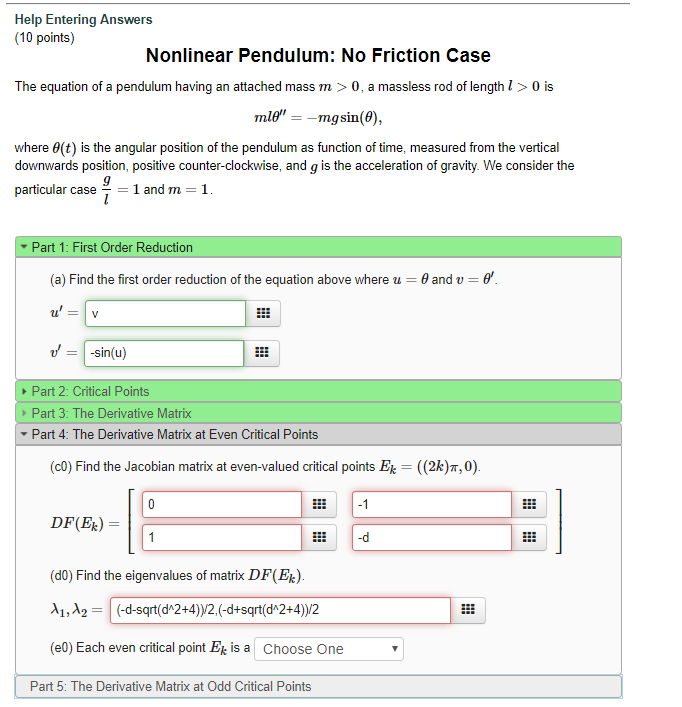 Solved Help Entering Answers 10 points) Nonlinear Pendulum: | Chegg.com