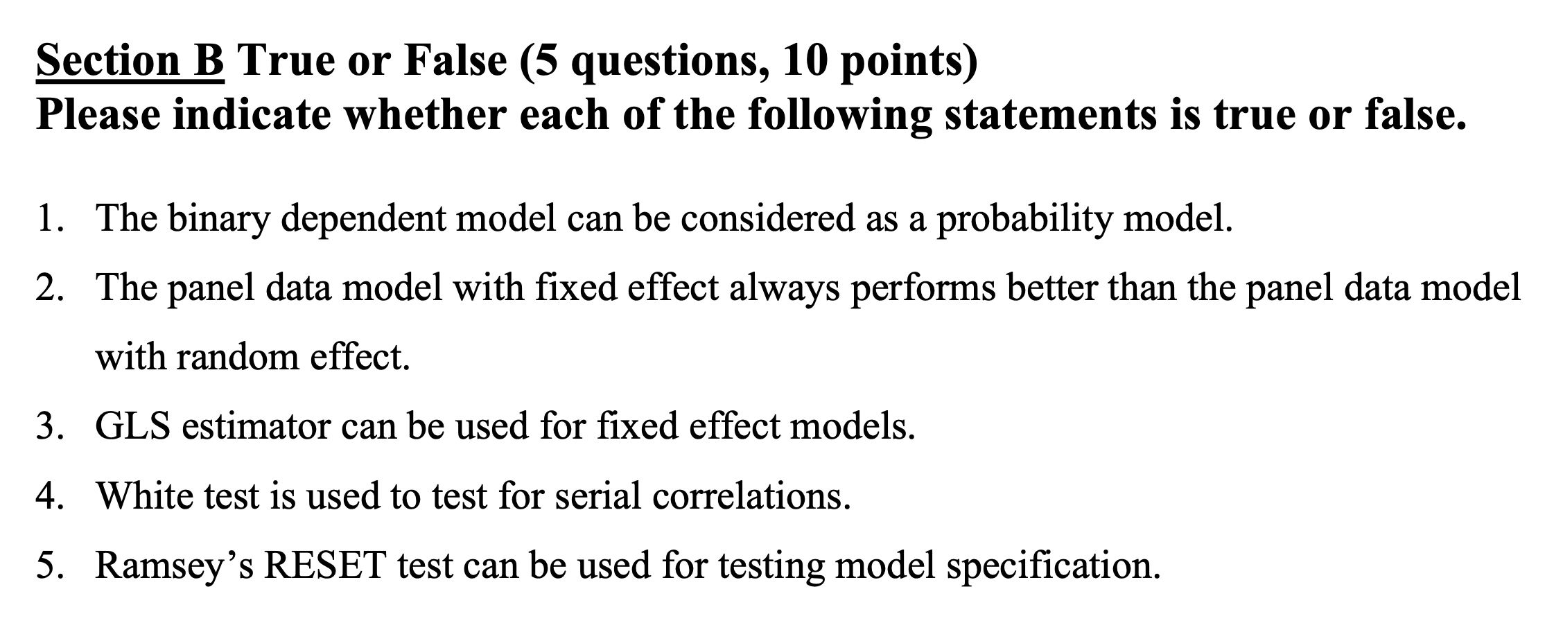 Solved Section B True Or False 5 Questions 10 Points 