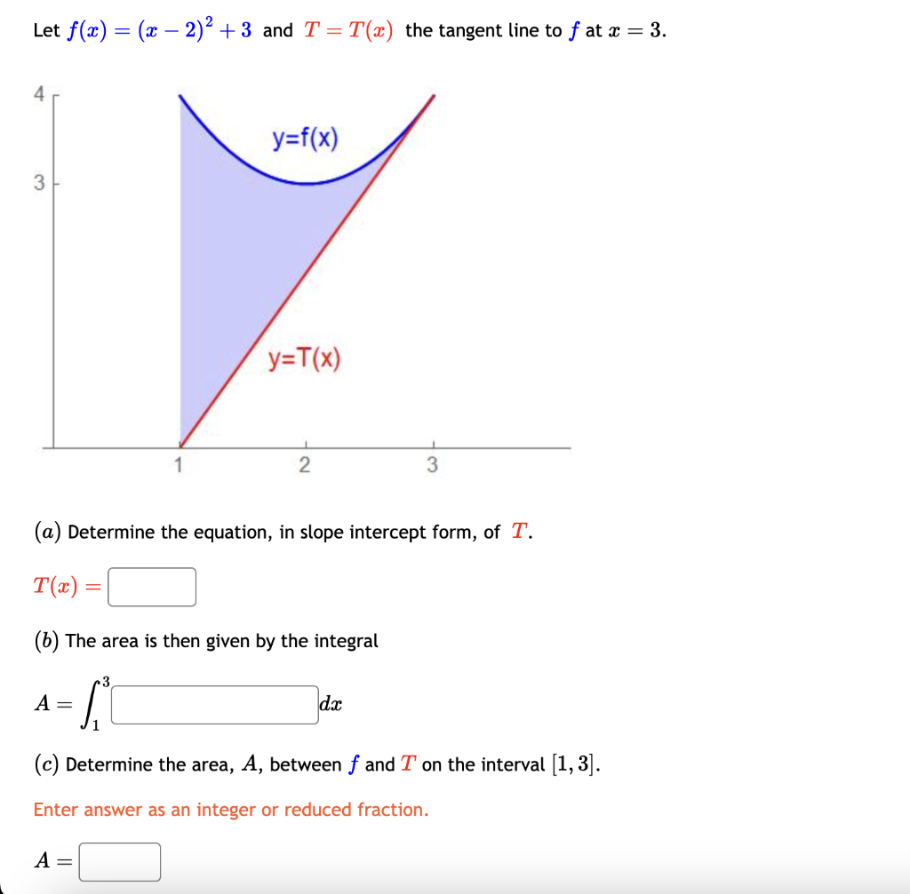 Solved Let f(x)=(x−2)2+3 and T=T(x) the tangent line to f at | Chegg.com