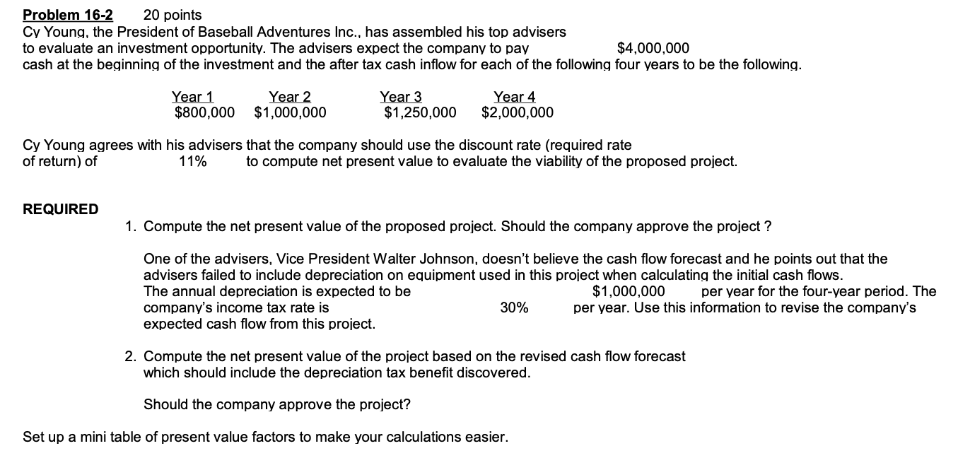 Solved Problem 16-2 20 points Cy Young, the President of | Chegg.com