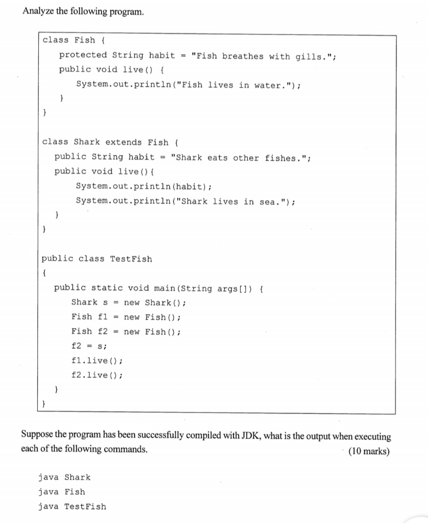 Solved Analyze the following program. class Fish { protected | Chegg.com