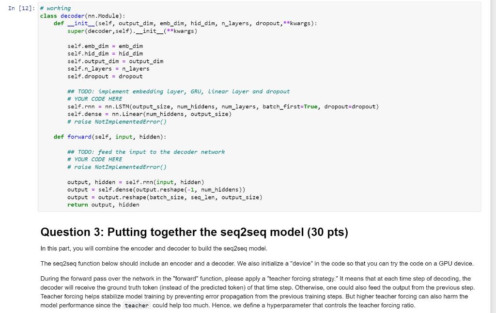 Question 3: How do I put together a seq2seq model | Chegg.com