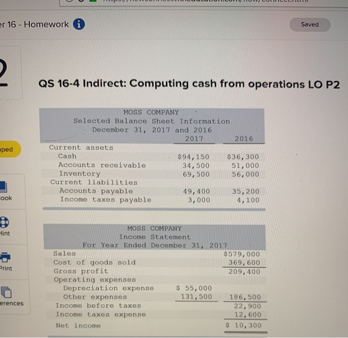 Solved r 16 -Homework Saved QS 16-4 Indirect: Computing cash | Chegg.com